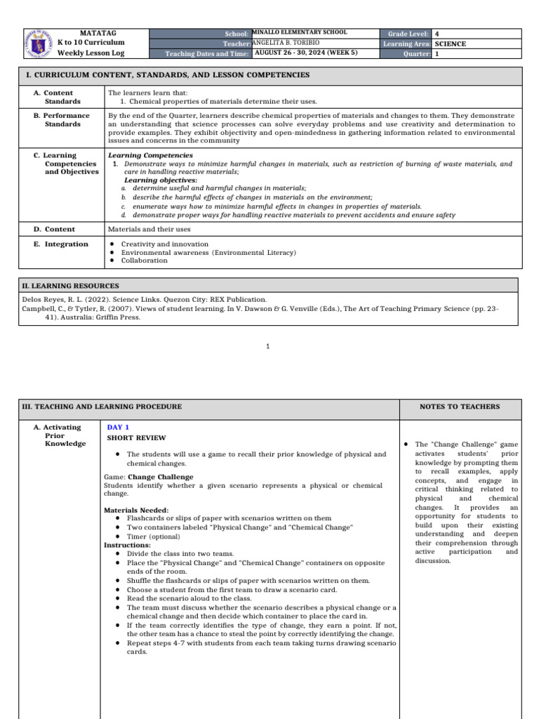 DLL Matatag - Science 4 Q1 W5 | PDF