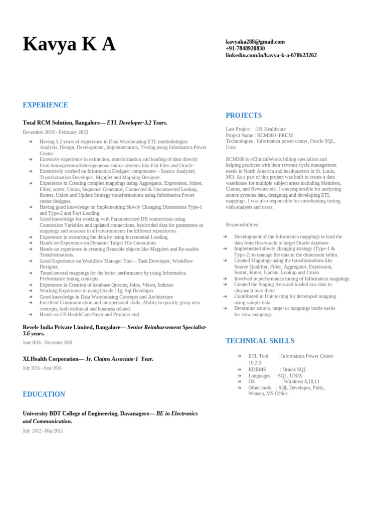 Kavya K A: Experience Projects | PDF