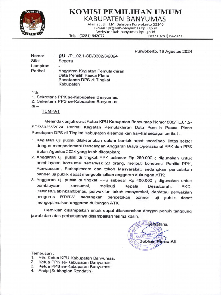 811 - Anggaran Mutarlih Pasca Pleno DPS Kabupaten - Stempel | PDF