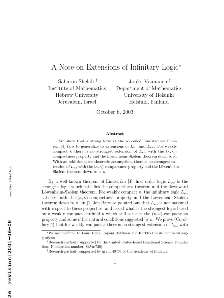 Saharon Shelah and Jouko Vaananen - A Note On Extensions of Infinitary Logic | PDF | Model ...