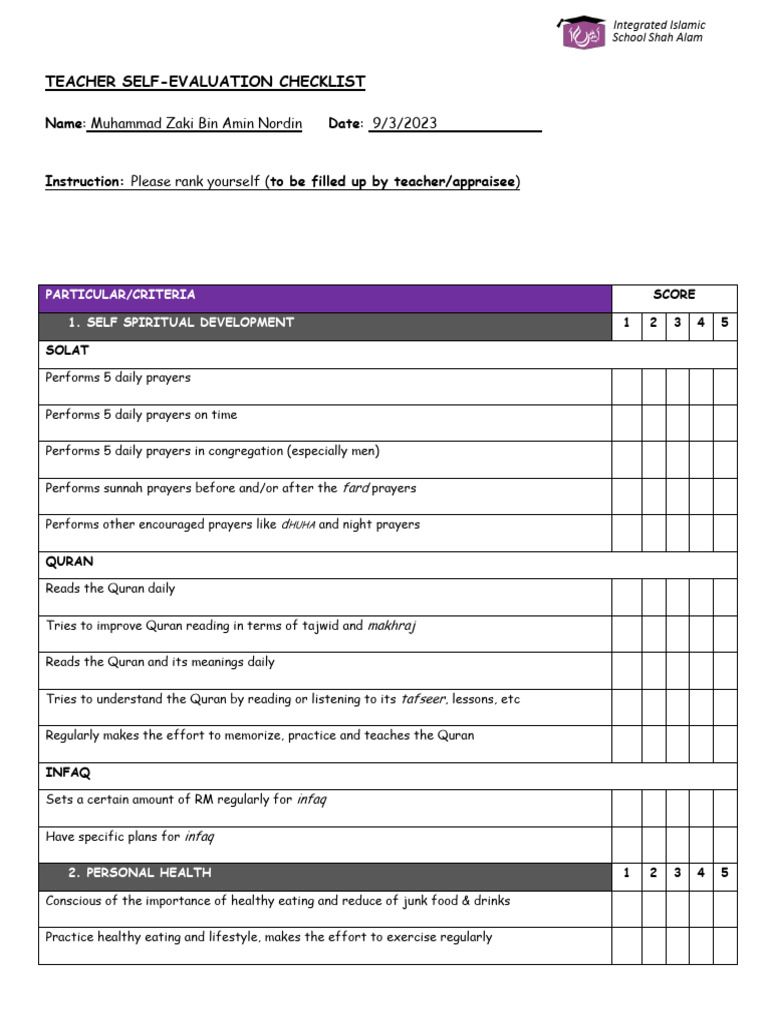 Teacher Self-Evaluation Checklist: Name: Muhammad Zaki Bin Amin Nordin Date: 9/3/2023 | PDF