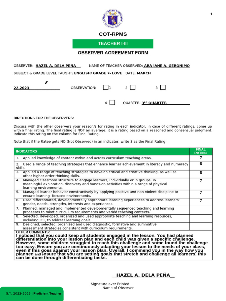 Cot Ratings and Feedbacks Comments Jhs S.Y. 2022 2023 | PDF | Learning | Educational Assessment