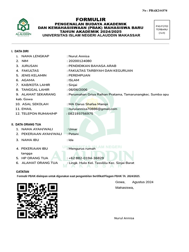 FORMULIR PBAK 2024 (20200124080 Nurul Annisa) | PDF