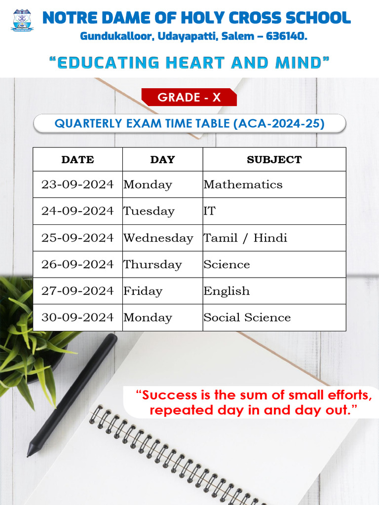 Quarterly Exam Time Table (Aca-2024-25) : Grade - X | PDF
