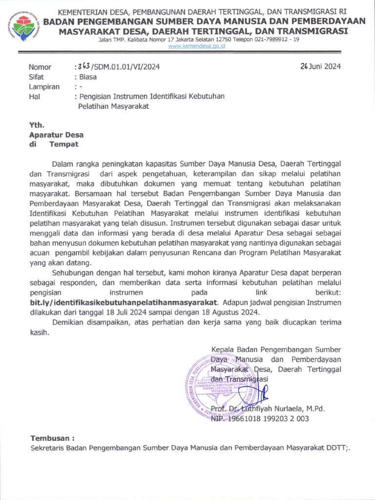 363 - SDM.01.01 - VI - 2024 - Surat Pengisian Instrumen Identifikasi Kebutuhan Pelatihan ...