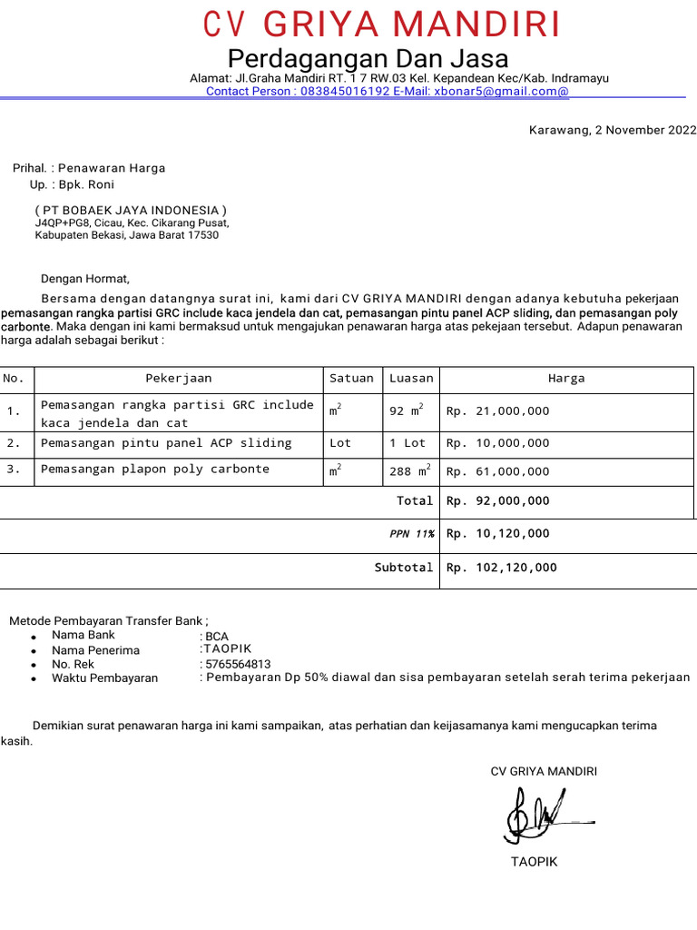 Penawaran Harga PT BOBAEK JAYA INDONESIA | PDF