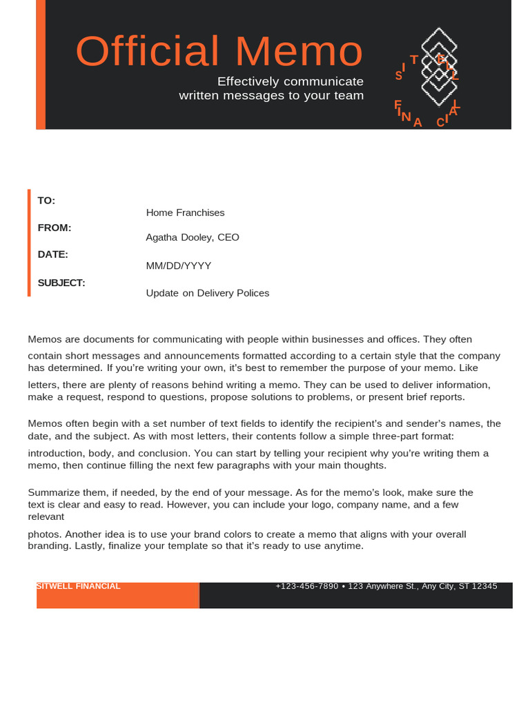 Memo Professional Doc in Black Orange Traditional Corporate Style | PDF