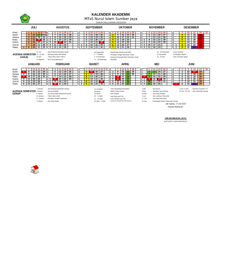 Kalender Pendidikan Mtss Nurul Islam Sumber Jaya | PDF