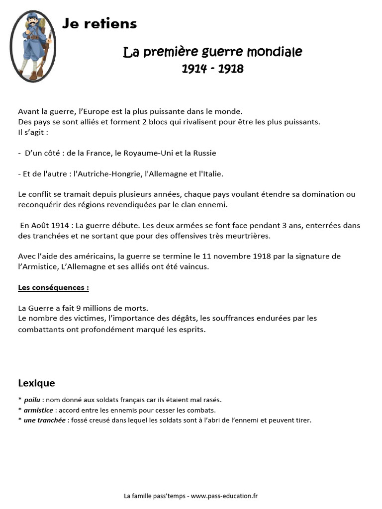 1ère Guerre Mondiale 1914 1918 Cm2 Leçon | PDF