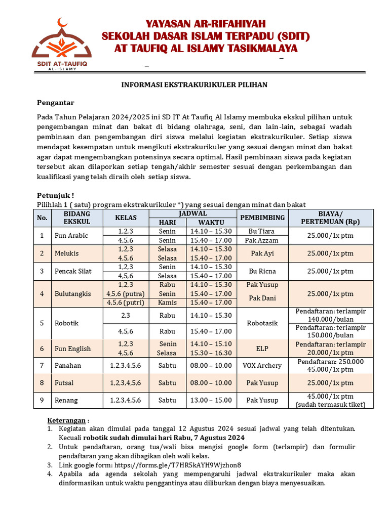 Angket Pilihan Ekstrakurikuler 2024-2025 | PDF