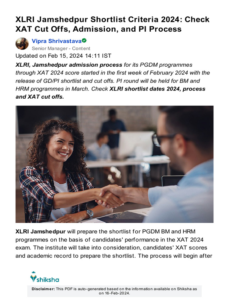 XLRI Jamshedpur Shortlist Criteria 2024: Check XAT Cut Offs, Admission ...
