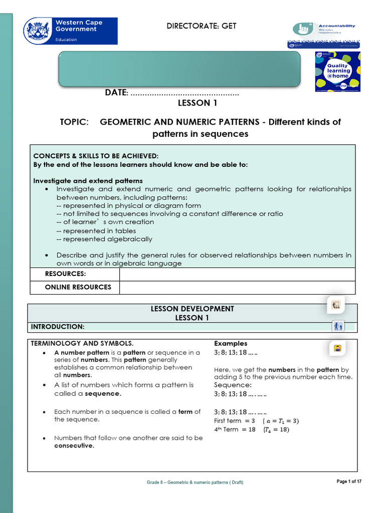 Lesson Plan Gr. 8 Mathematics Term 2 Week 4 & 5 Geometric & Numeric Patterns | PDF
