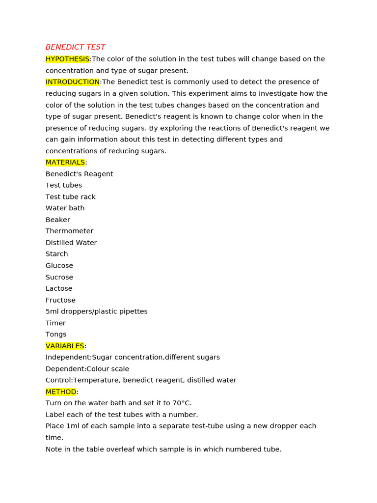 Benedict Test | PDF