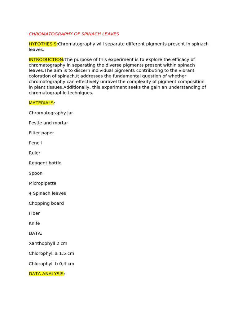 Chromatography of Spinach Leaves | PDF | Science & Mathematics