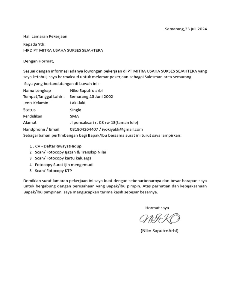 Lamaran PT MUSS | PDF