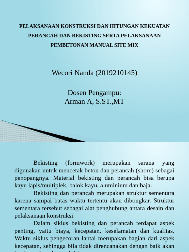 Tugas 9 PPT Hitungan Kekuatan Bekisting Wecori Nanda (2019210145) | PDF