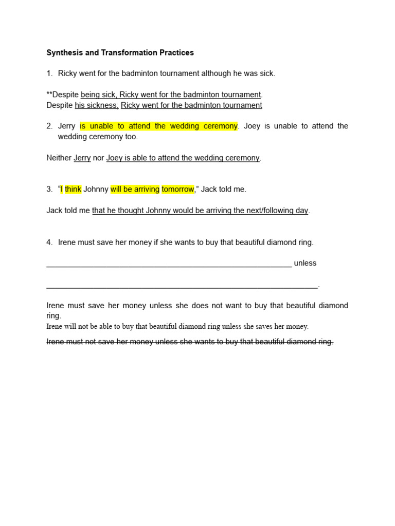 Synthesis and Transformation Extra Practices - Answers | PDF