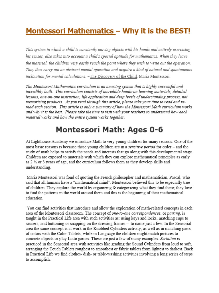 Montessori Mathematics Outline 0 13 | PDF | Mathematics | Length