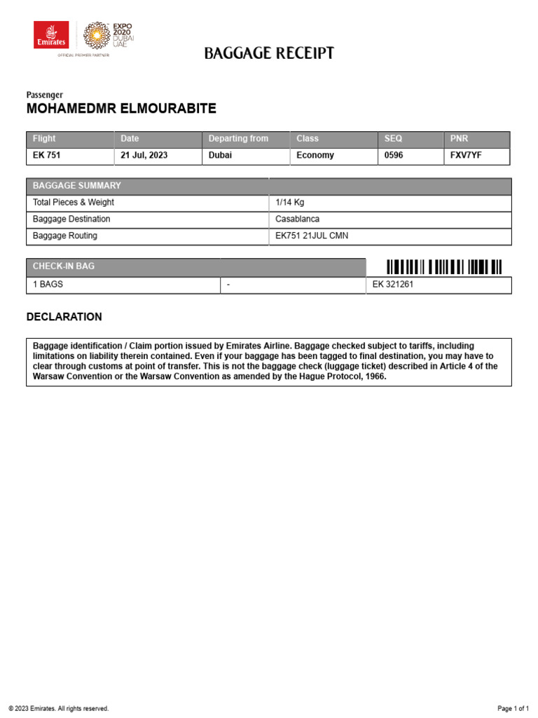 E Baggage Receipt A4 | PDF