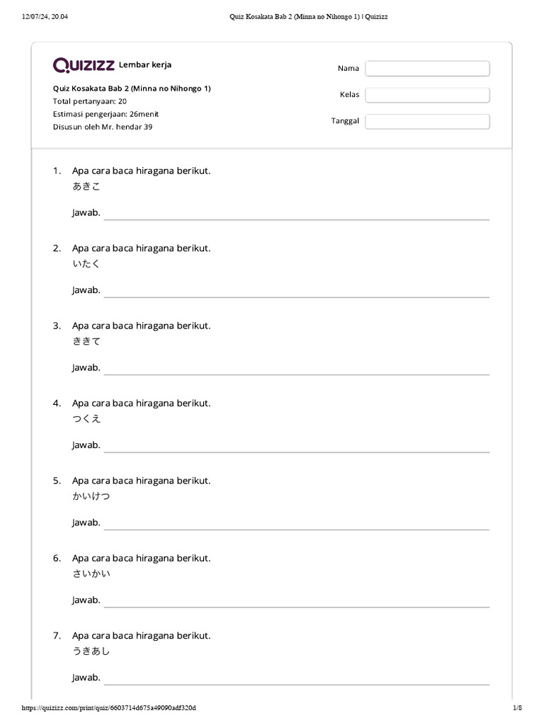 Quiz Kosakata Bab 2 (Minna no Nihongo 1) _ Quizizz | PDF