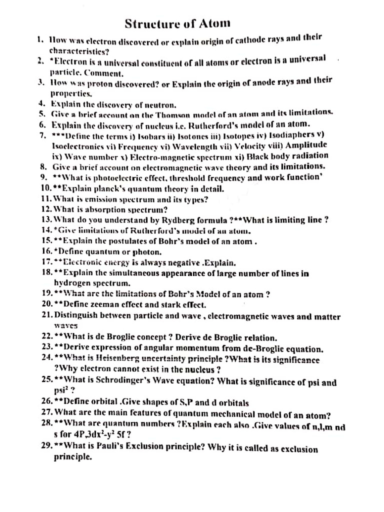 Structure of Atom Questions | PDF