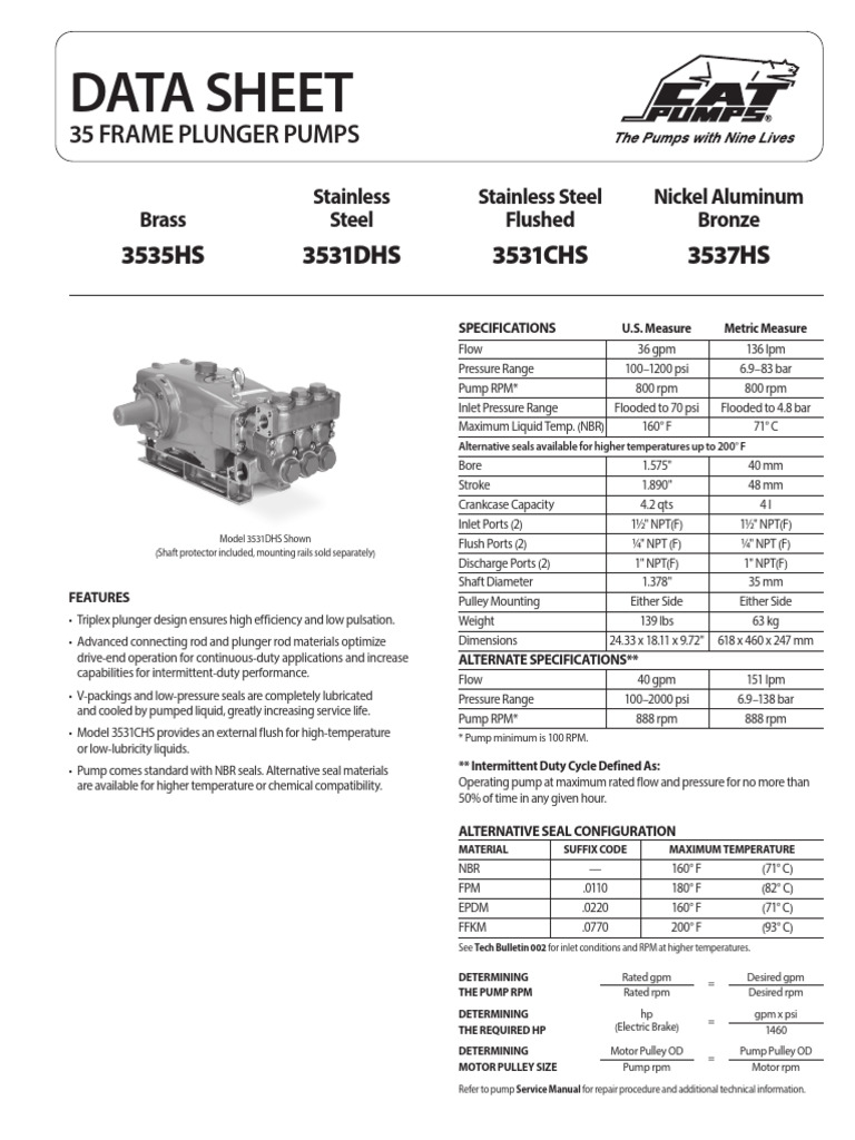 CAT 3537 HS, 3535 HS, 3531 DHS, 3531 CHS Series Pump (35 Frame Plunger Pump) Data Sheet | PDF | Pump