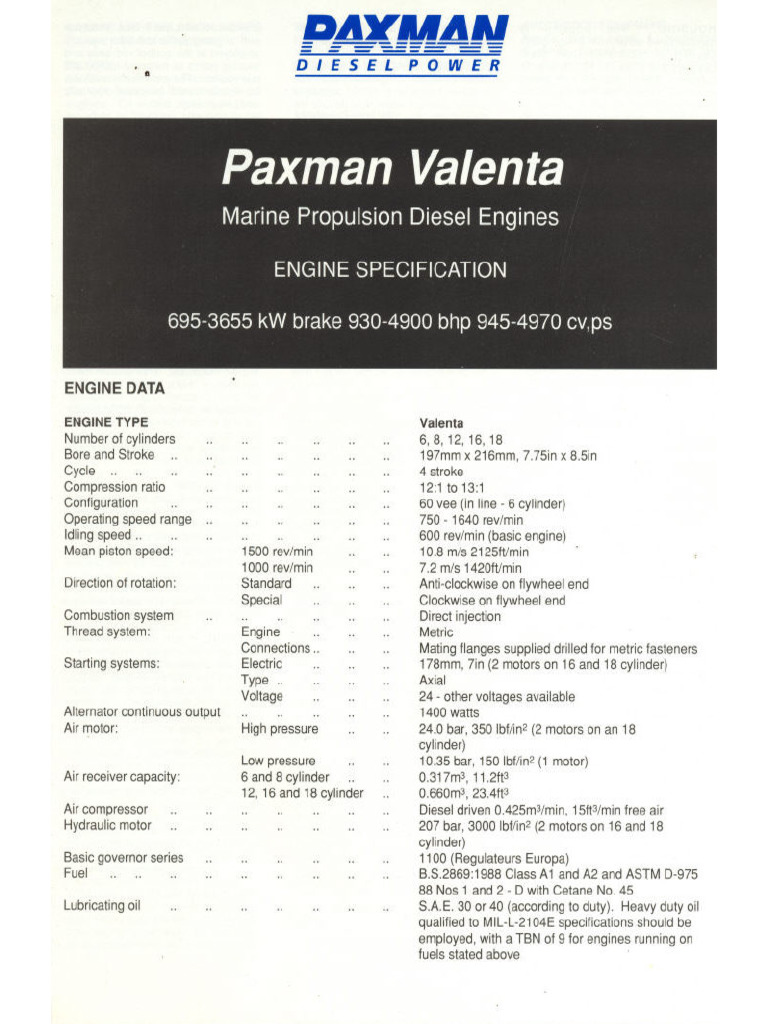 PAXMAN Valenta Marine Propulsion Diesel Engine - Specification Manual | PDF