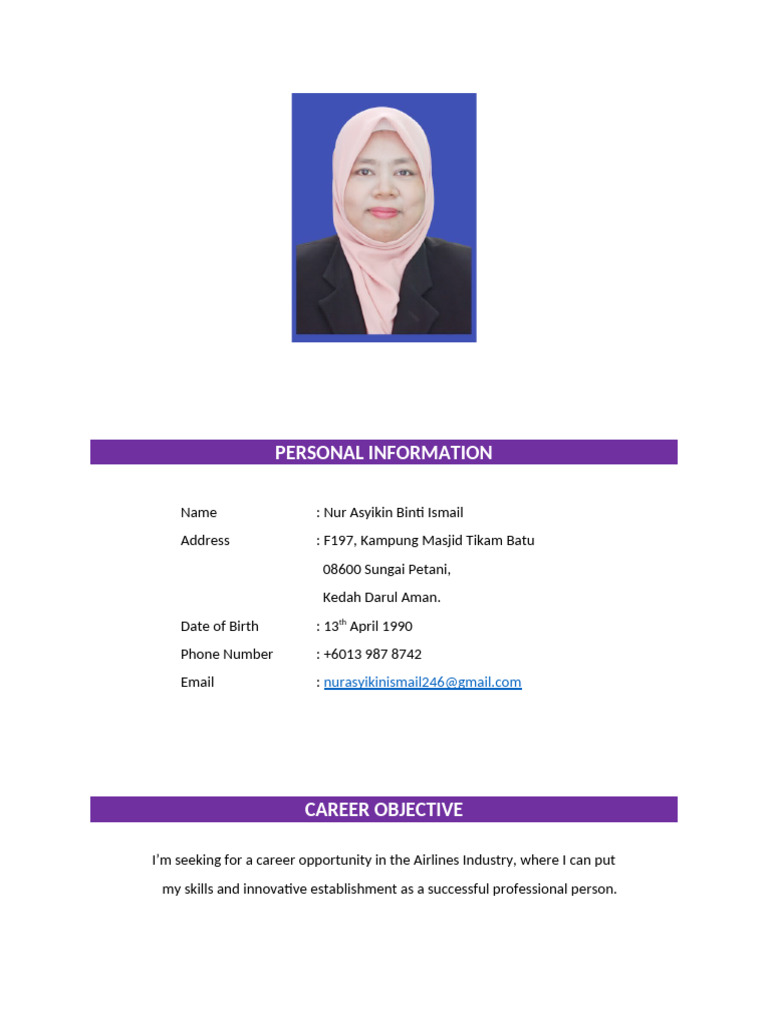CV Nur Asyikin Binti Ismail | PDF