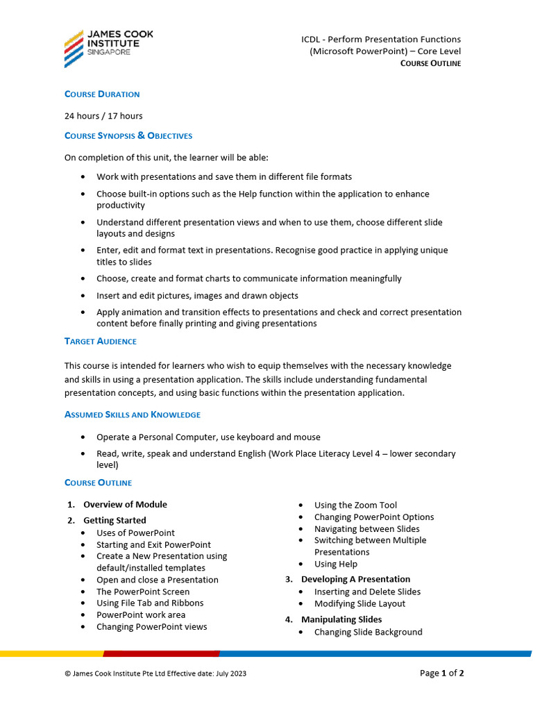 ICDL Perform Presentation Functions Microsoft PowerPoint Core Level 1 | PDF