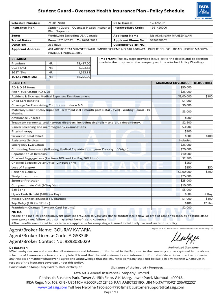 Student Guard - Overseas Health Insurance Plan - Policy Schedule | PDF