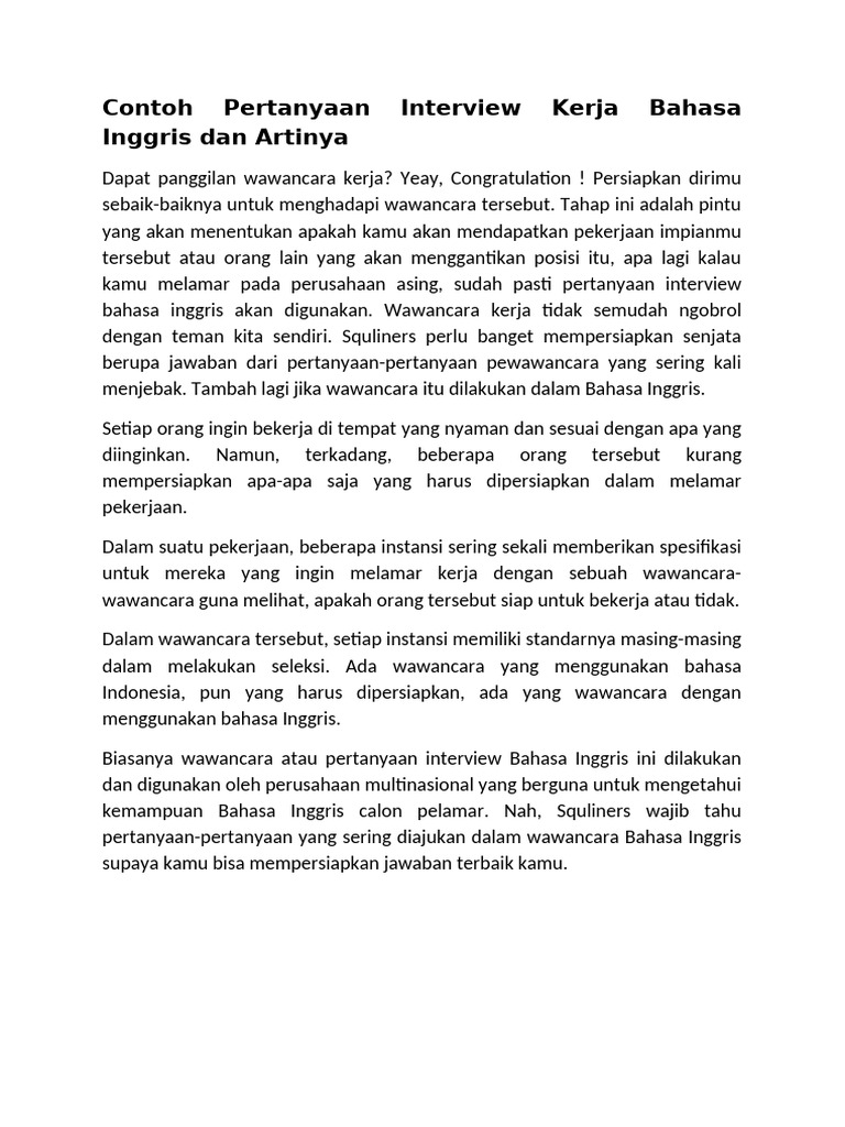 21 Contoh Pertanyaan Interview Kerja Bahasa Inggris Dan Artinya | PDF