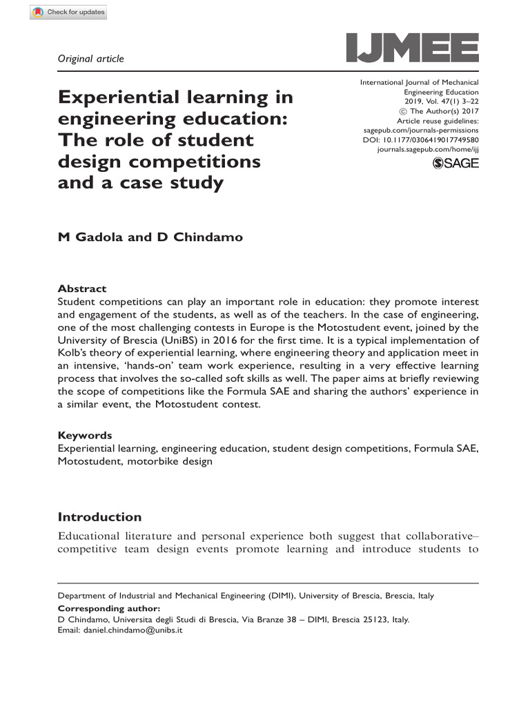 Gadola Chindamo 2017 Experiential Learning in Engineering Education The Role of Student Design ...