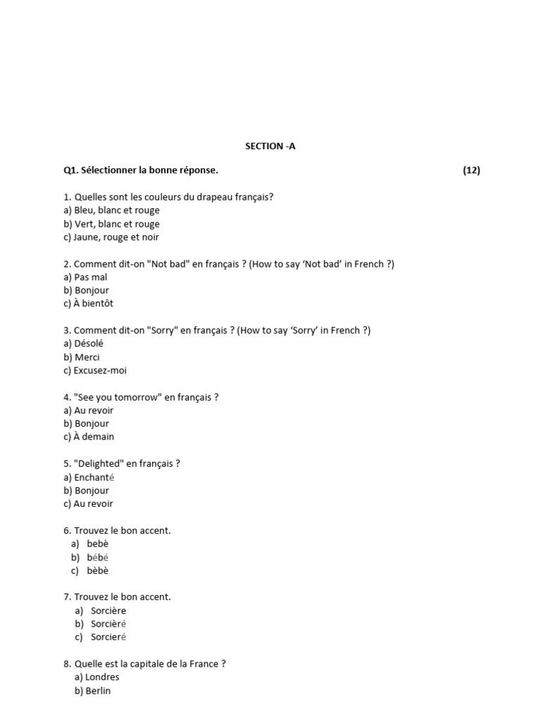 Class 6 French Sample Paper | PDF