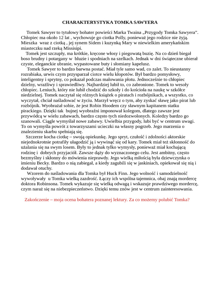 Charakterystyka Tomka Sawyera | PDF