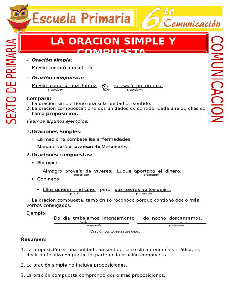 La Oración Simple y Compuesta para Sexto de Primaria | PDF