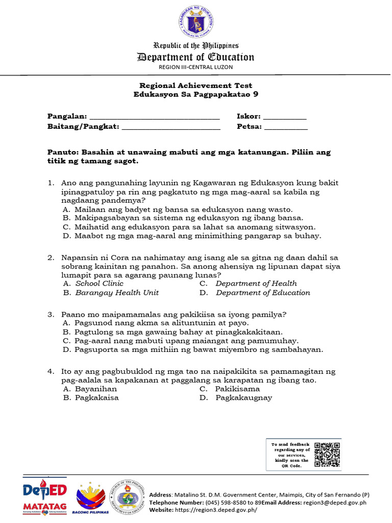 Regional Achievement Test in EsP 9 | PDF