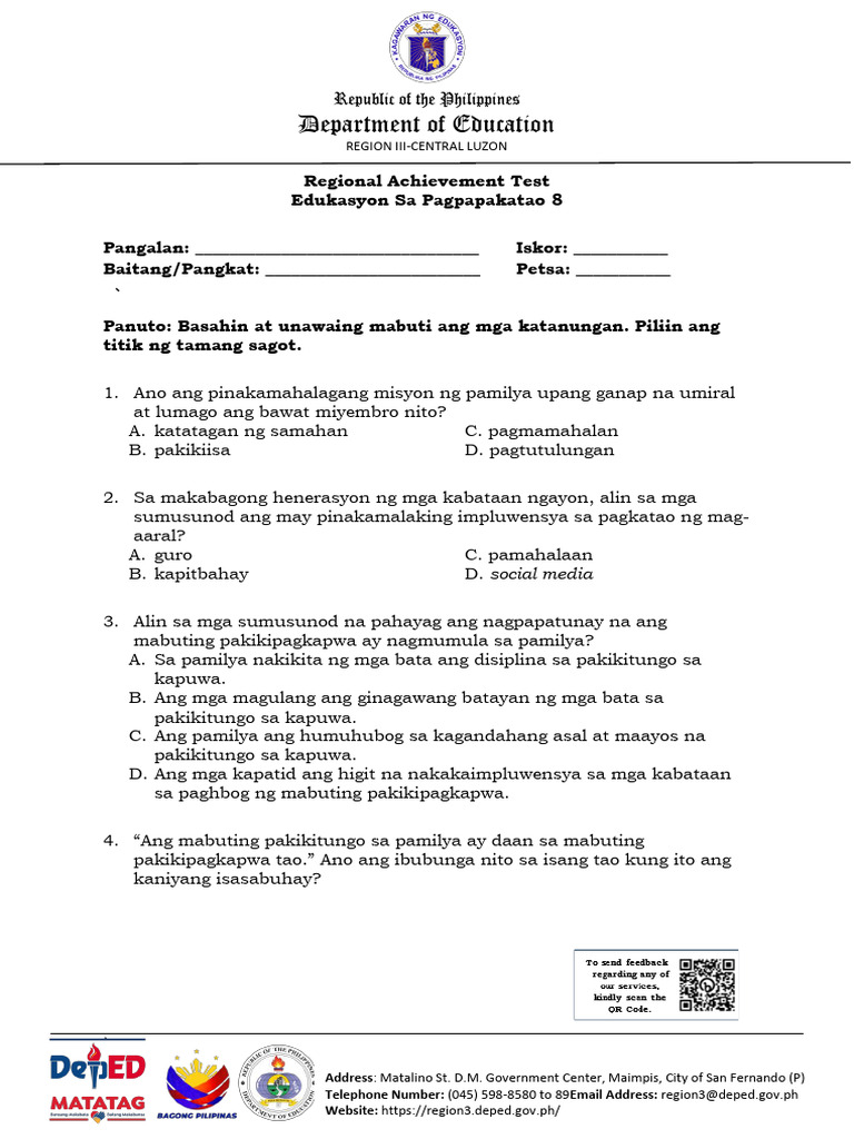 Regional Achievement Test in EsP 8 | PDF