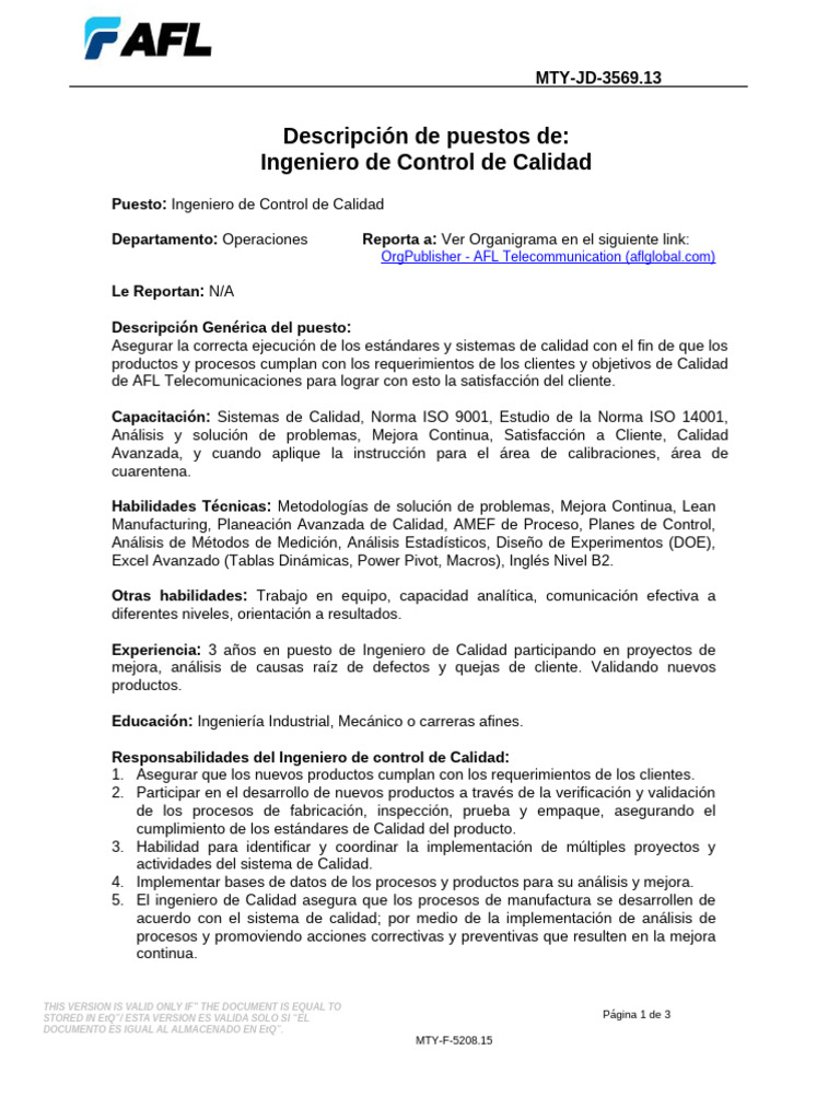 MTY-JD-3569.13 Descripción de Puesto Ingeniero de Control de Calidad | PDF