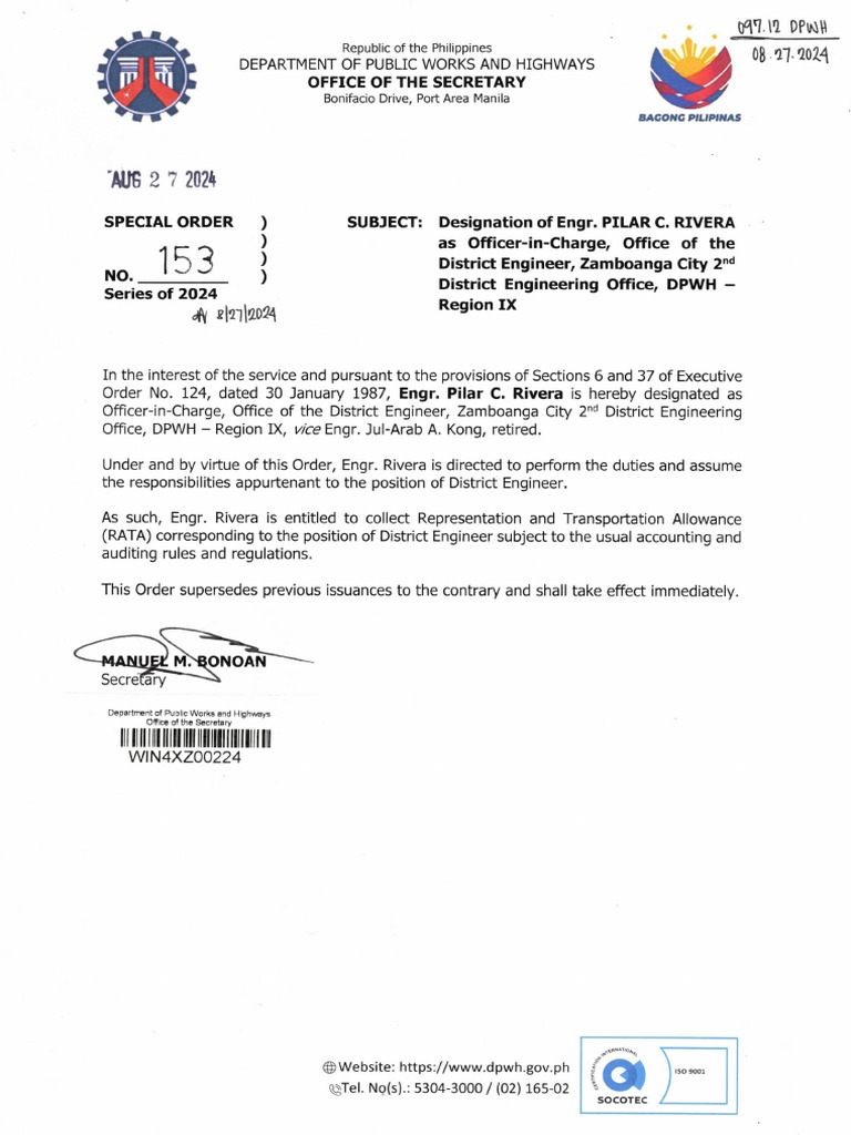 Series of 2024: SUBJECT: Designation of Engr. PILAR C. RIVERA | PDF