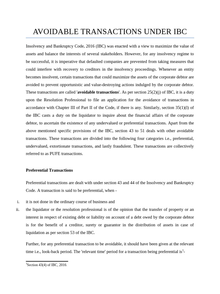Avoidable Transactions Under Ibc | PDF