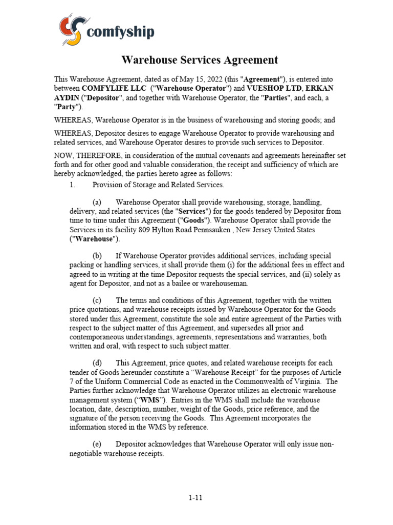 Warehouse Service Agreement | PDF
