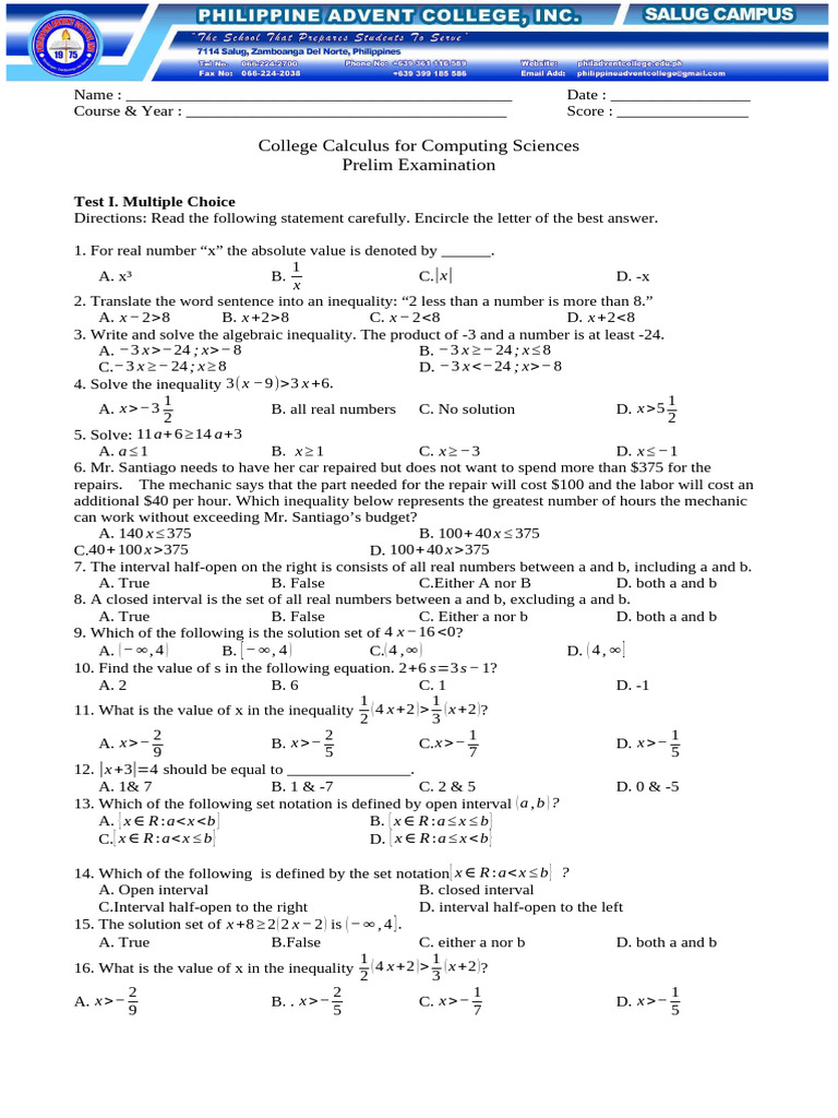 College Calculus Prelim | PDF College Calculus Prelim | PDF