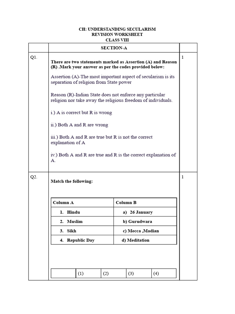 Understanding Secularism-Revision Worksheet | PDF