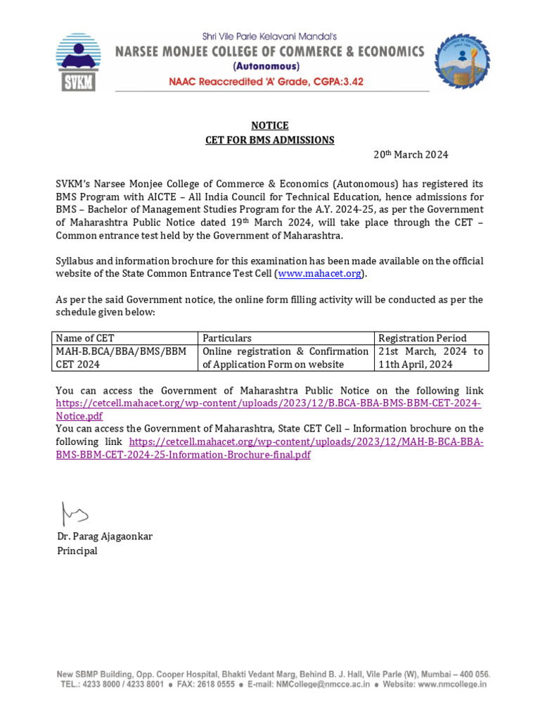 Notice Aicte Cet BMS | PDF