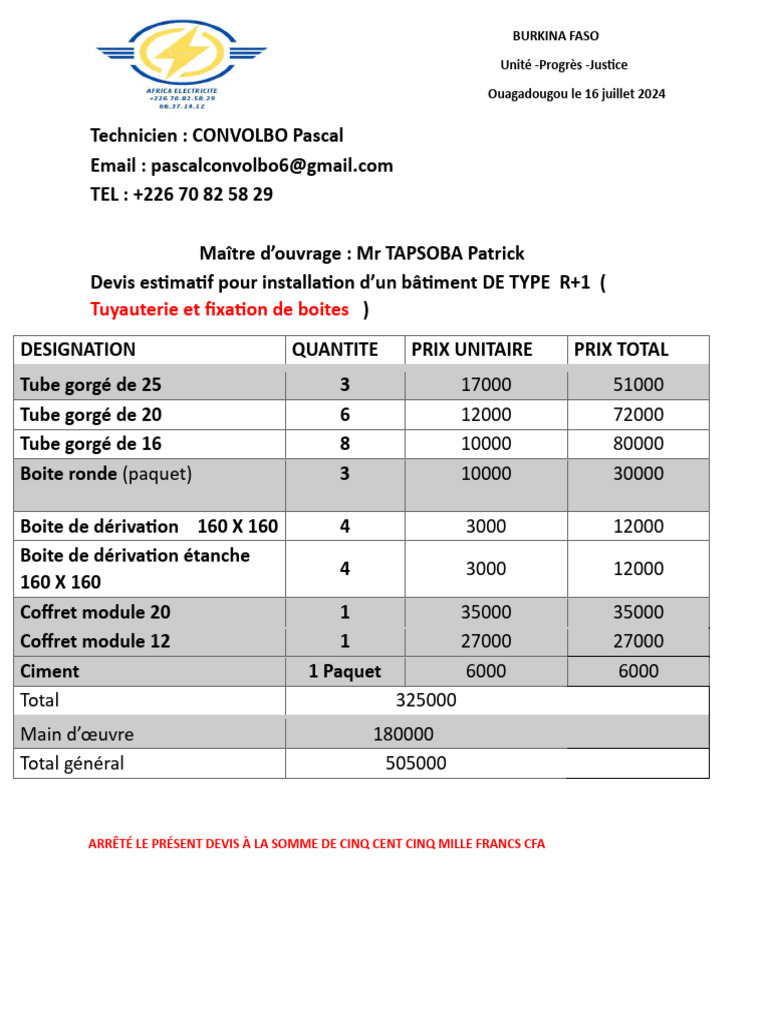 Devis Estimatif Èlectricitè R+1 | PDF