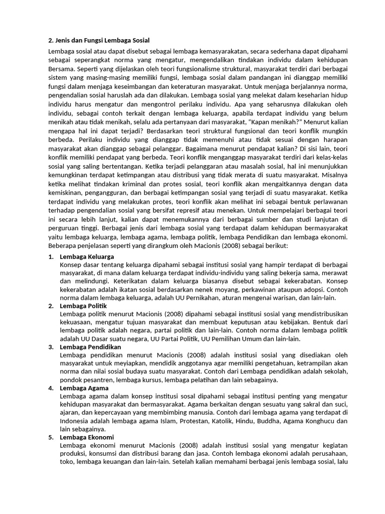 Jenis Dan Fungsi Lembaga Sosial | PDF