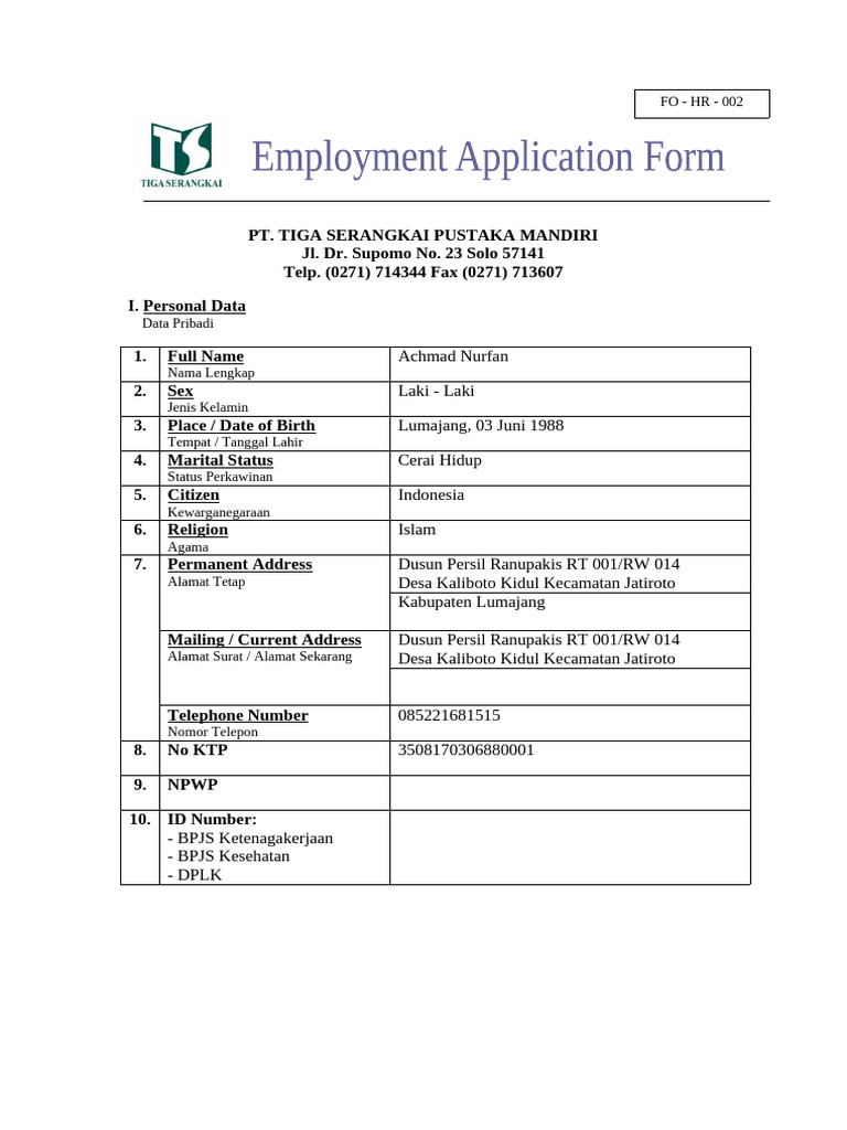 Employment Aplication Form | PDF