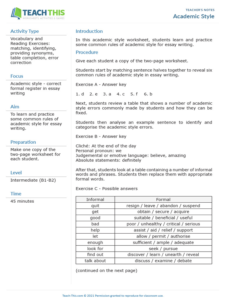 Academic Style Worksheet | PDF