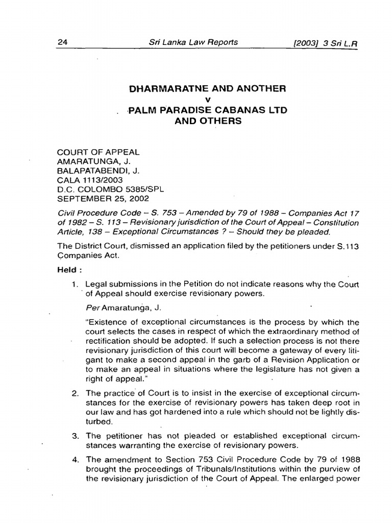 005 SLLR SLLR 2003 V 3 Dharmaratne and Another v. Palm Paradise Cabanas ...