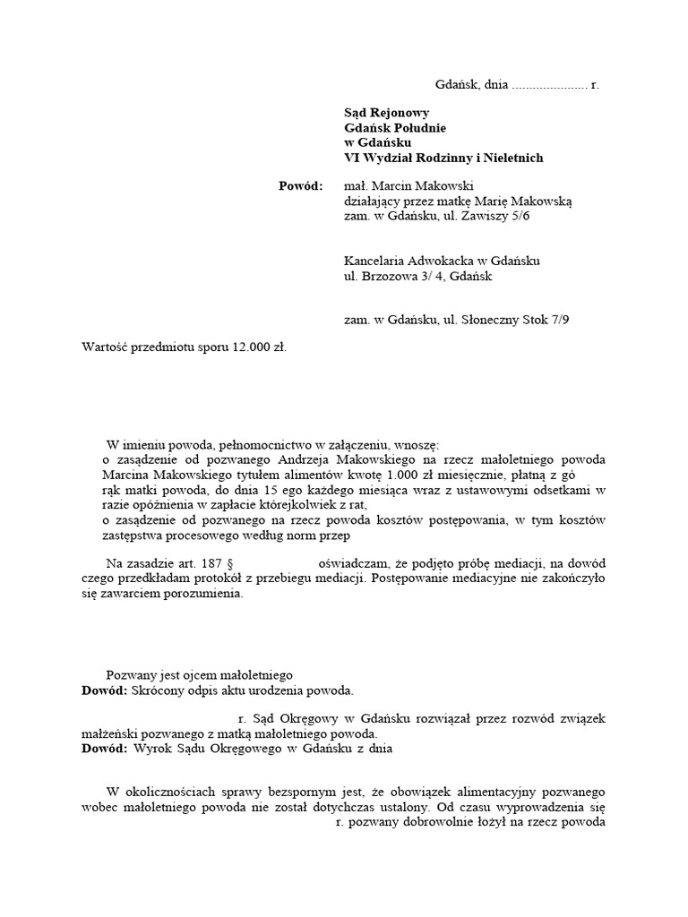 Pozew o Alimenty | PDF